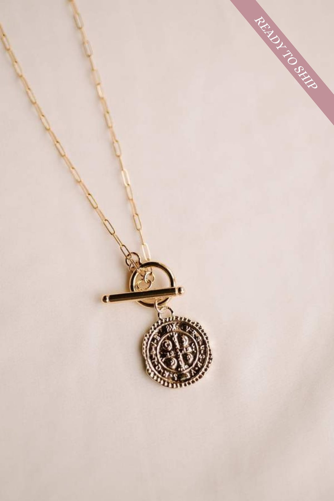 Gold Filled Cross Coin Pendant Necklace: Toggle Bar Clasp - Etsy