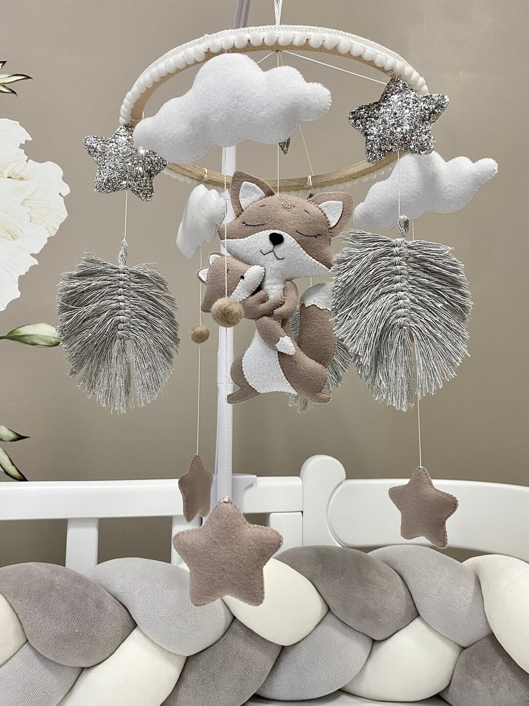 Fox Mom and Baby Mobile, Baby Cat Mobile, Musical Felt Mobile, Toy ...