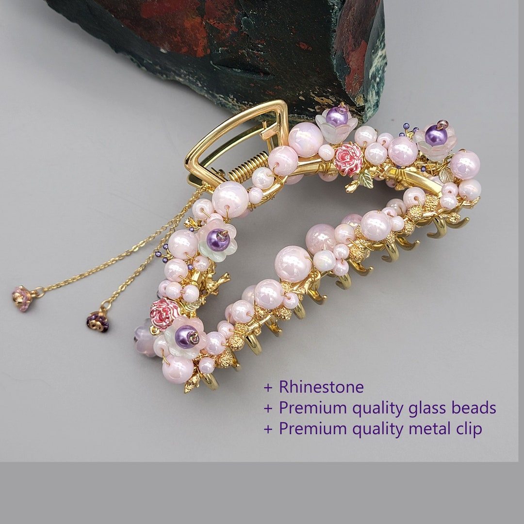 Handmade Beaded Metal Claw Clip: Pink Glass Beads & Rhinestones - Etsy