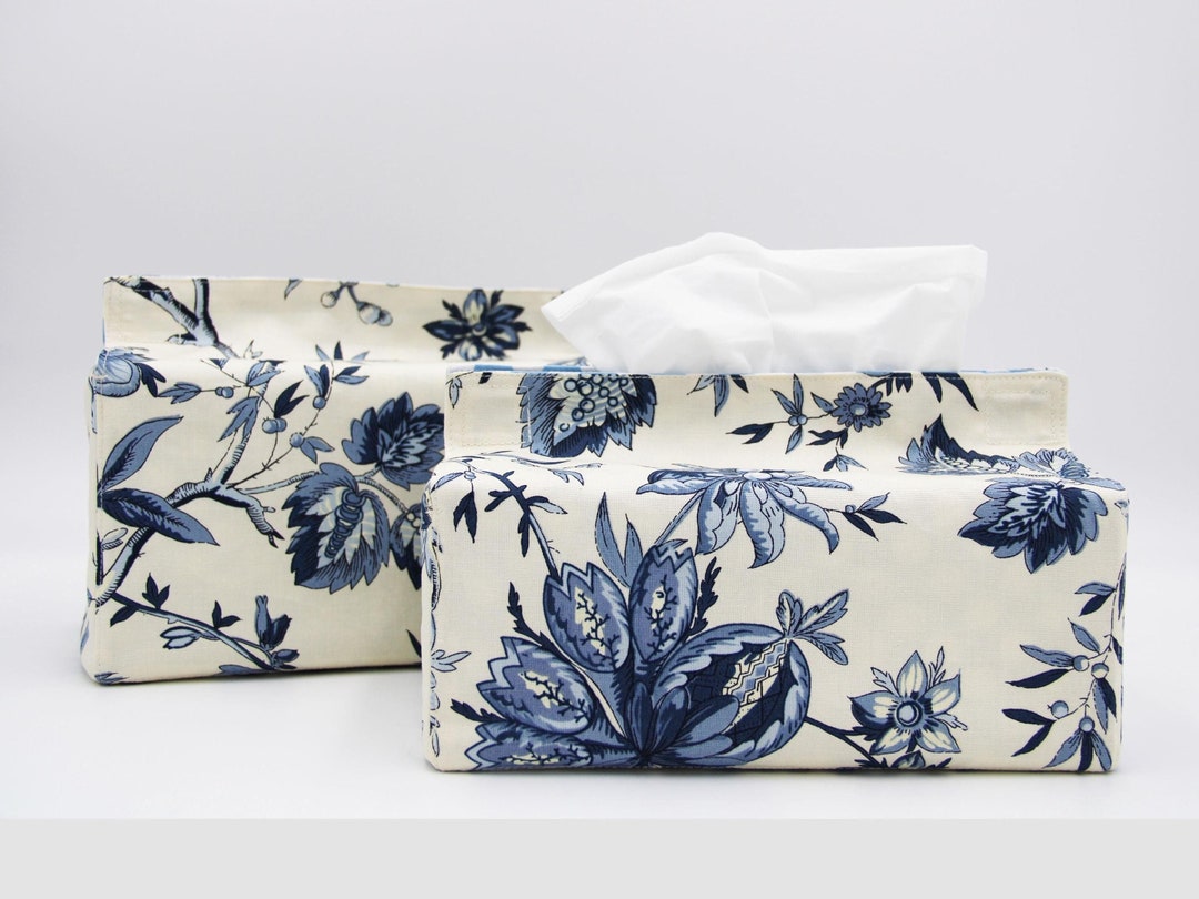 Handmade Rectangular Tissue Box Cover: Blue Chinoiserie Floral Cotton ...
