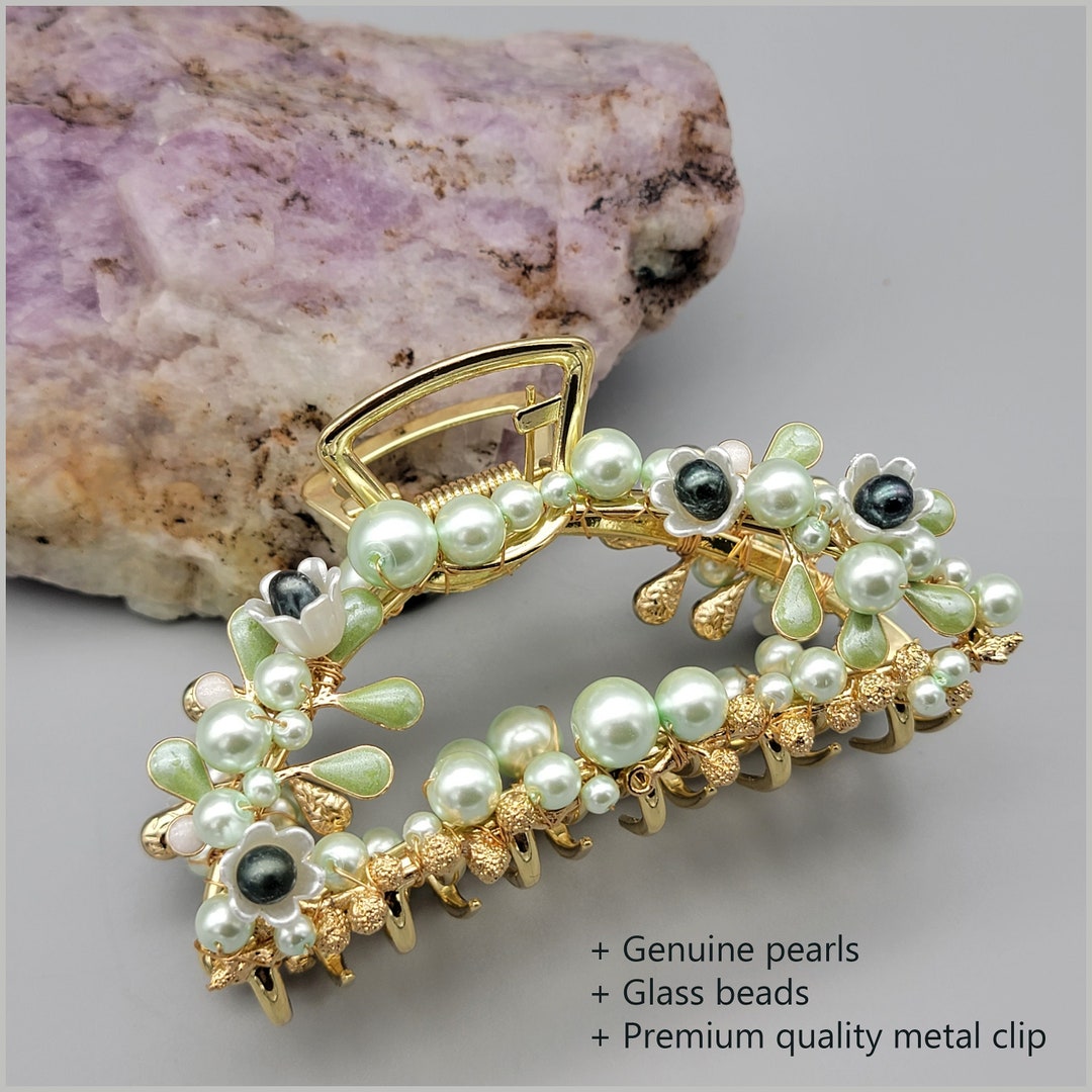 Handmade Beaded Claw Clip: Green Glass Beads & Freshwater Pearls - Etsy