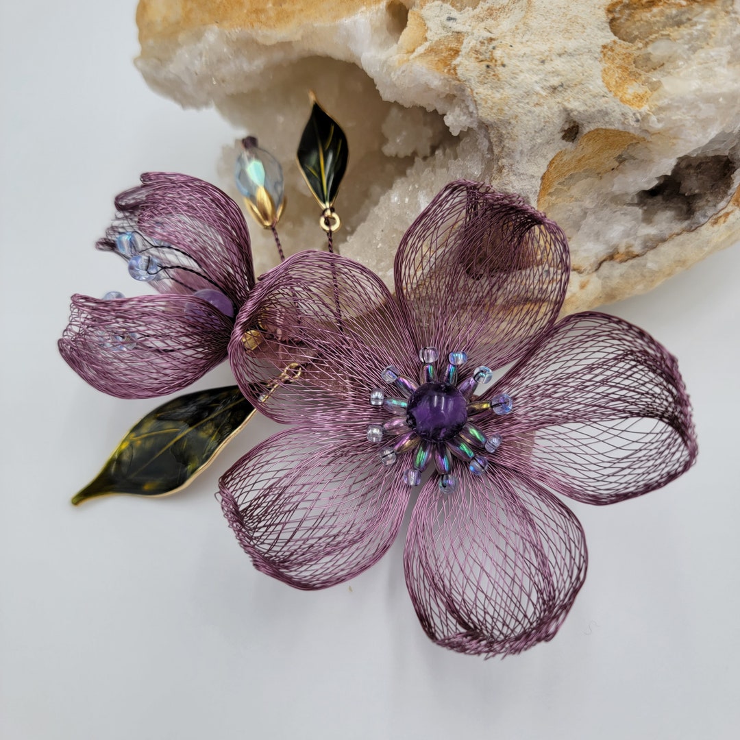Handmade Copper Flower Barrette: Amethyst & Crystal Beaded Hair Clip - Etsy