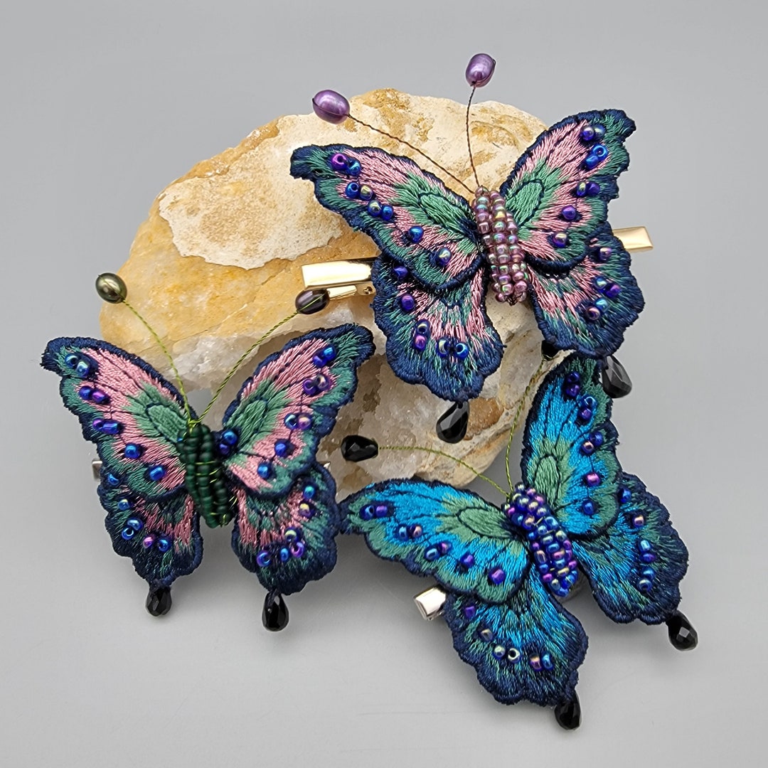 Hand Embroidered Realistic Butterfly Hairclip Duckbill Clip With ...