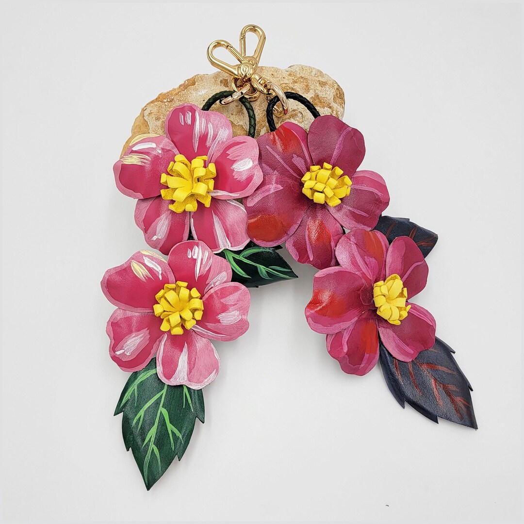 Whimsical Real Leather Hibiscus Flower Bag Charm, Hand Painted, Key ...