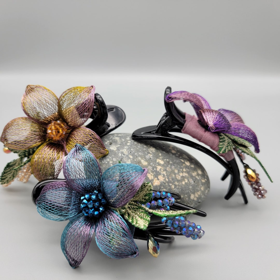 Handmade 3D Metal Flower Hair Clip: Beaded Embroidered Alligator Claw ...
