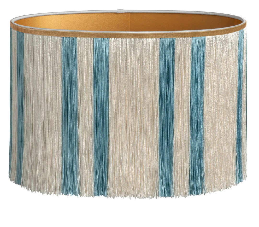 Lampshade Ava Light Blue Striped Pattern Print Fringes Handmade ...
