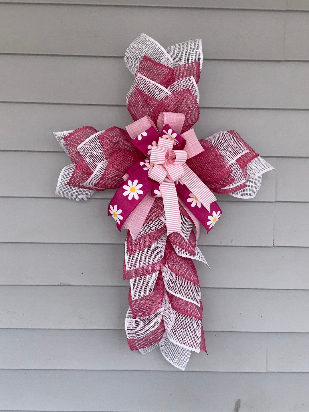 Cross Wreath, Front Door Cross, Memorial Day Cross, Pink and White ...