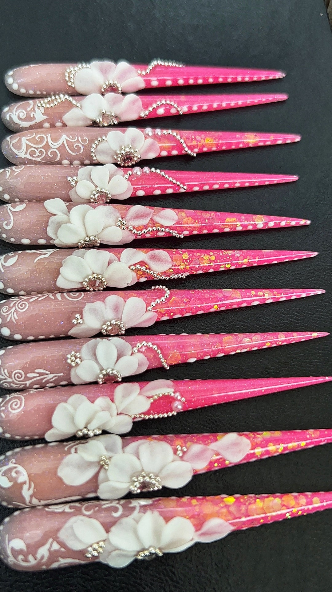 Pink 3XL Stiletto Kawaii Acrylic Press on Nails, Luxury, Glue on Fake ...