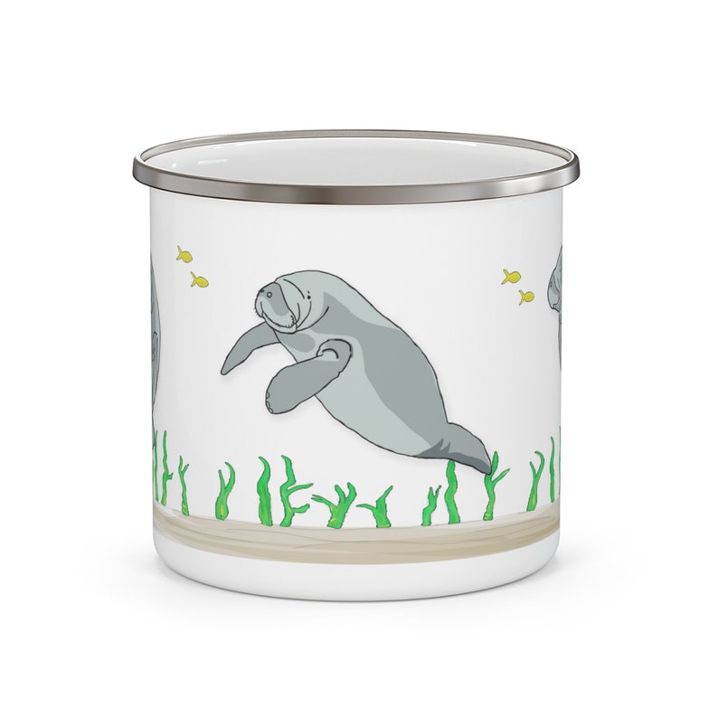 Cute Baby Manatee Pattern Enamel Camping Mug With Silver Rim Manatee ...