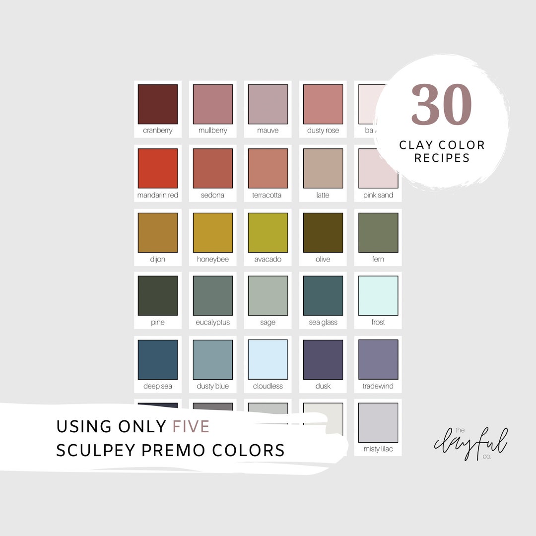 30 Sculpey Premo Polymer Clay Color Recipes (uses 5 Colors) + Video ...