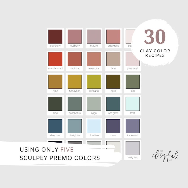 30 Sculpey Premo Polymer Clay Color Recipes (uses 5 Colors) + Video ...