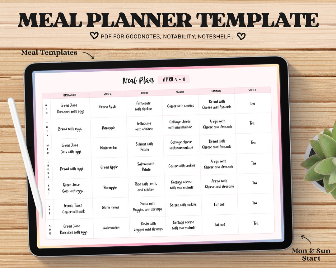 Meal Planner Goodnotes Template, Undated Digital Planner, iPad Pro ...