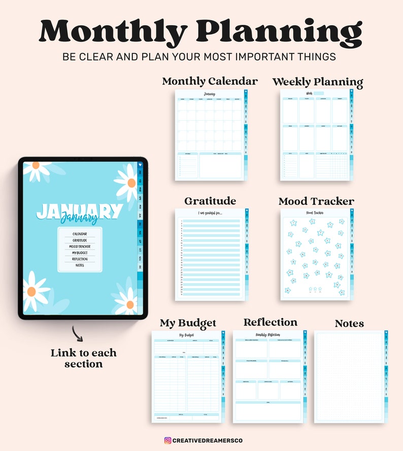 Blue Undated Goodnotes Planner, Floral Digital Planner, iPad Planner ...