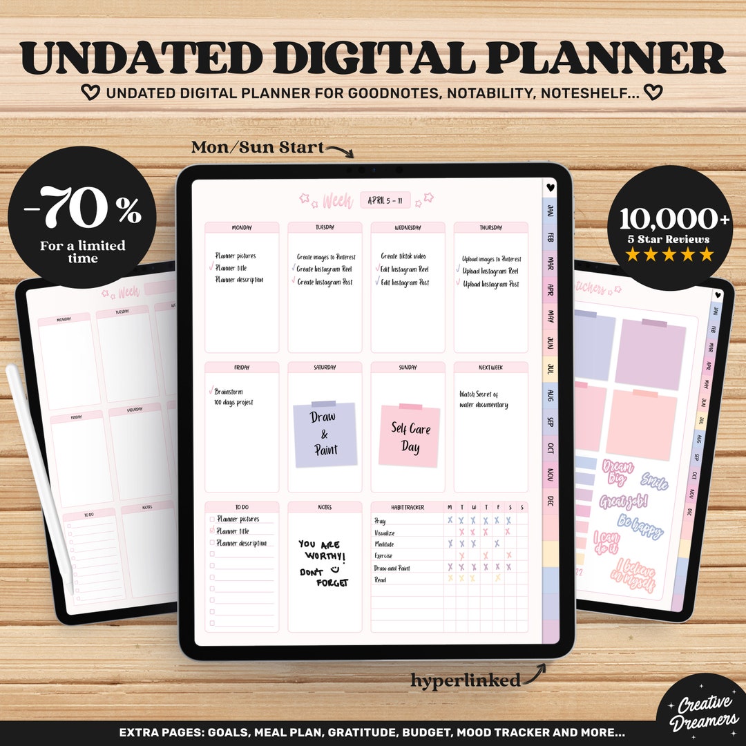 Cute Monthly Digital Planner, Goodnotes Template Undated, Pink iPad ...