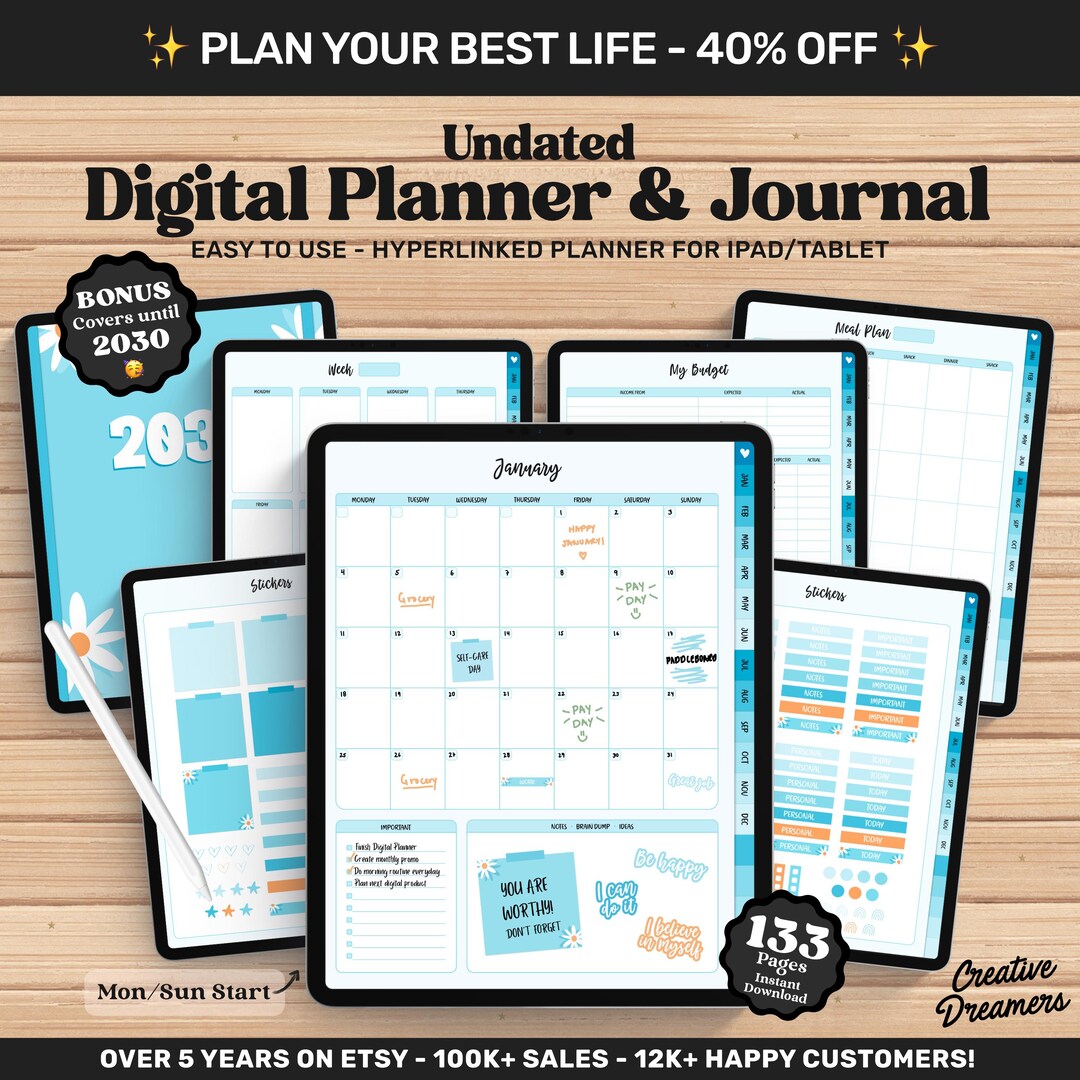 Blue Undated Goodnotes Planner, Floral Digital Planner, iPad Planner ...