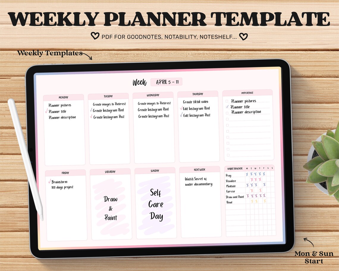 Weekly Planner Goodnotes Template, Undated Digital Planner Pdf, Digital ...