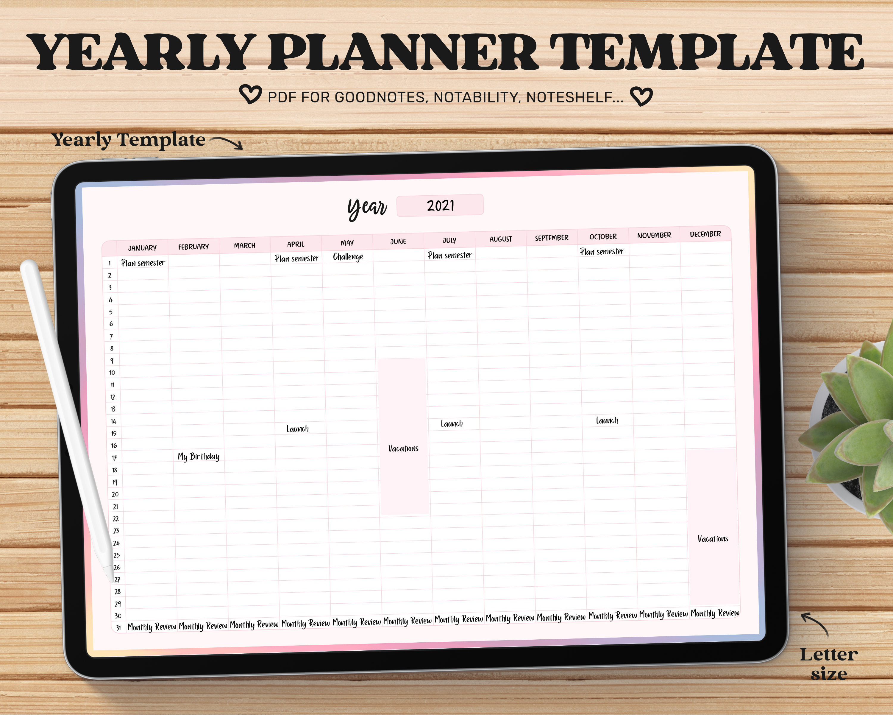 Yearly Planner Goodnotes Template Undated Planner Year at a - Etsy