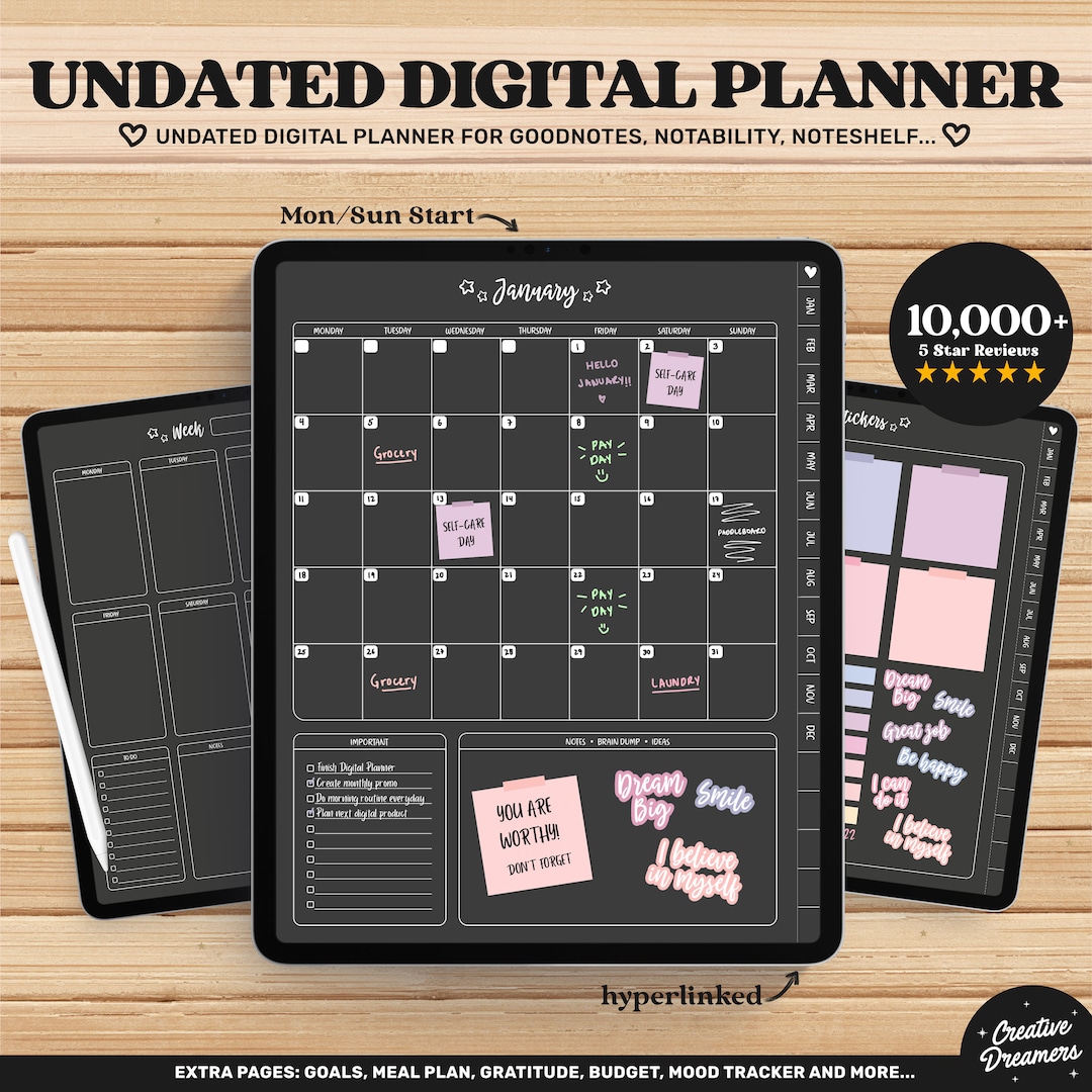 Digital Planner Goodnotes, Dark Digital Planner, Undated Digital ...