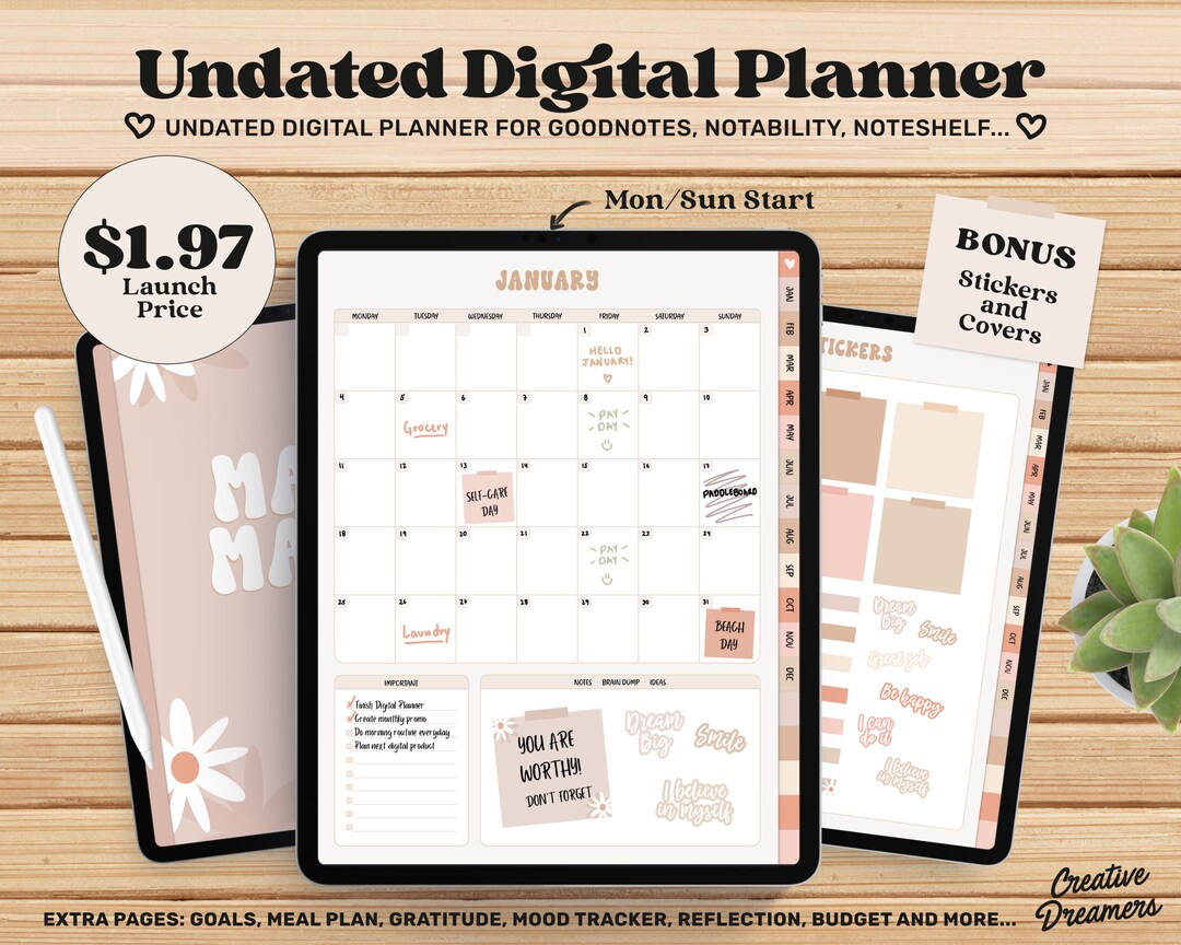 Boho Undated Goodnotes Planner, Weekly Digital Planner, Monthly Planner ...