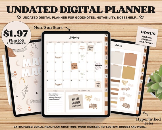 Undated Digital planner hyperlinked planner Goodnotes planner daily ...