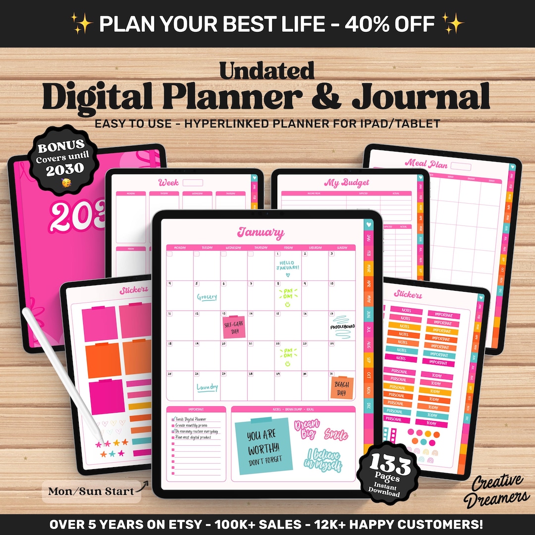 Digital Planner Template Pink, Digital Journal, Colorful Goodnotes ...
