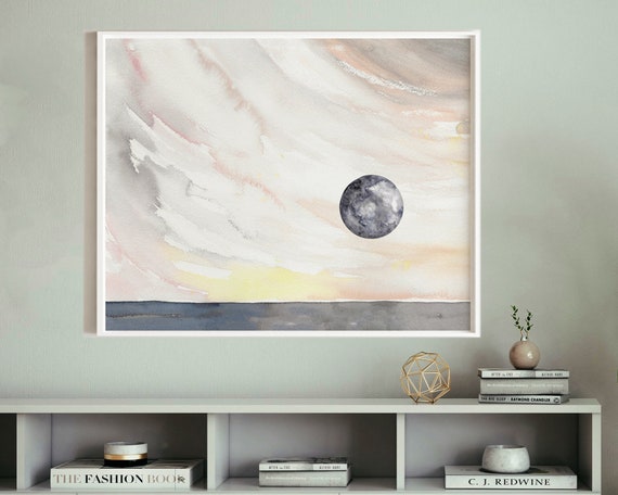 Moon Rising Landscape Watercolor Print Sunset Wall Art - Etsy