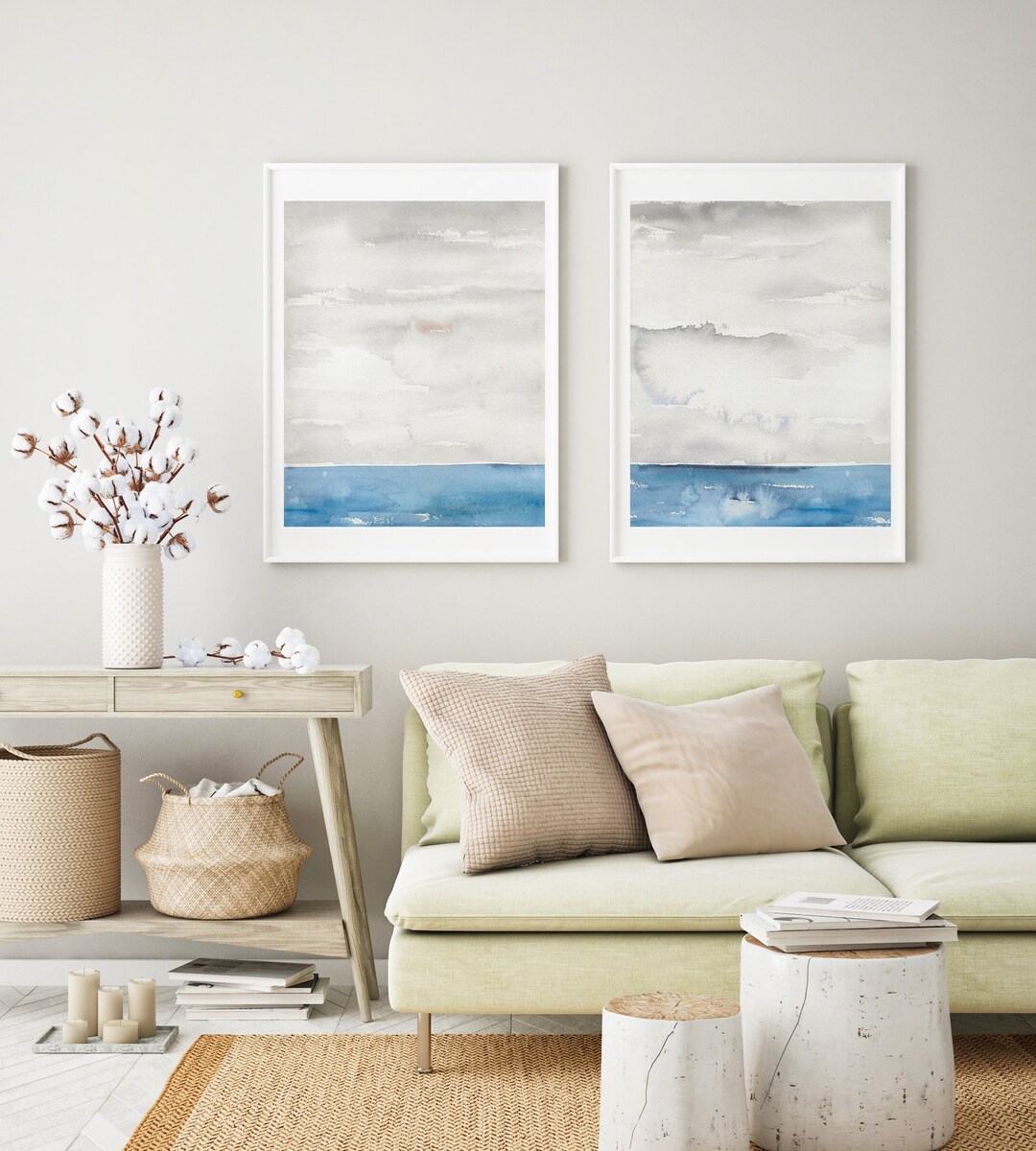 Extra Large Ocean Art, Sunset Diptych, Landscape Watercolor Print, Grey ...