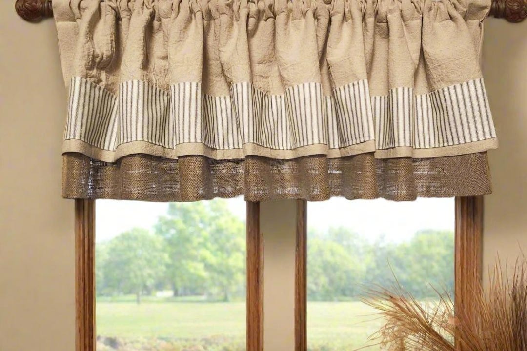 Burlap Valance: Rustic Farmhouse Drop Cloth Curtain With Ticking Stripe ...