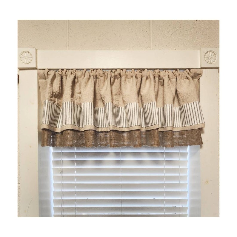 Burlap Valance: Rustic Farmhouse Drop Cloth Curtain With Ticking Stripe ...