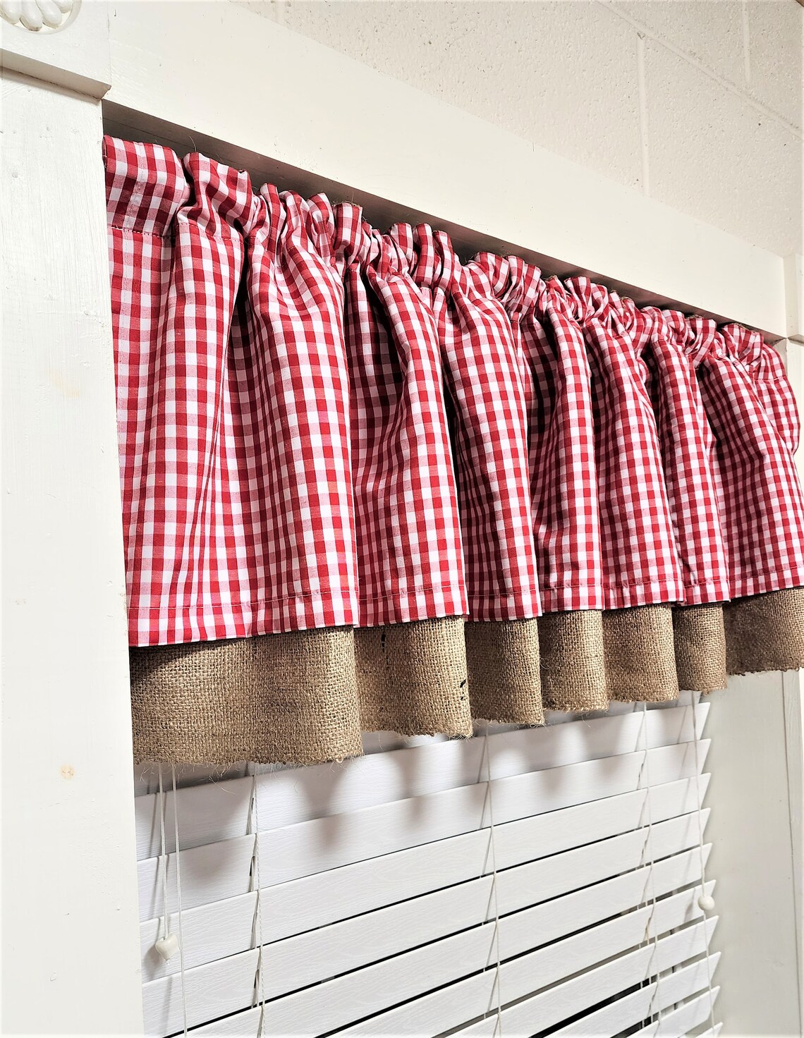 Retro Kitchen Valance: Red Gingham Check & Burlap Curtain - Etsy