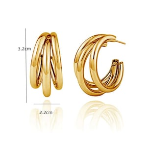 Gold Triple Hoop Earrings L Large Triple Hoops L Multi Layered Hoops L ...