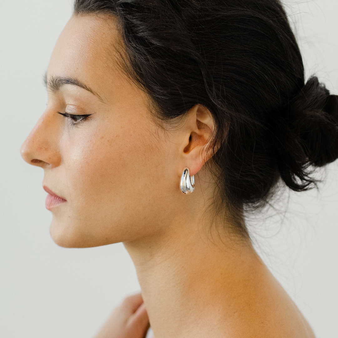 Silver Chunky Huggie Hoops L Classic Silver Huggies L Minimalist Chunky ...