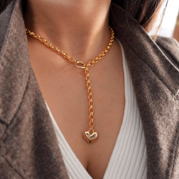 Gold Chunky Y Chain Necklace With Heart Pendant Thick Bold - Etsy