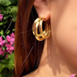 Gold Triple Hoop Earrings L Large Triple Hoops L Multi Layered Hoops L ...