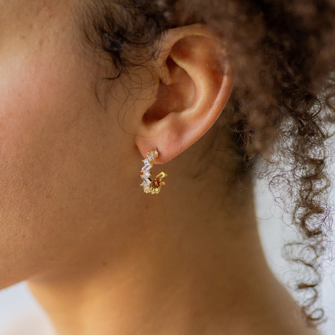 Gold Huggies Small Hoop Earrings With Cubic Zirconia. Minimalist Gold ...