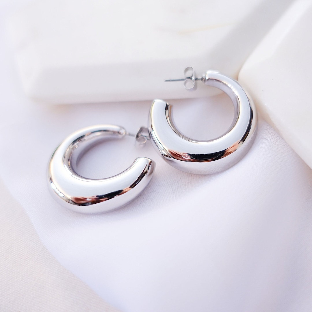 Chunky Silver Hoops L Thick Silver Hoops L Sterling Silver Plated Hoop ...