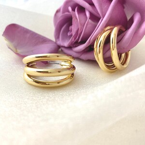 Gold Triple Hoop Earrings L Large Triple Hoops L Multi Layered Hoops L ...