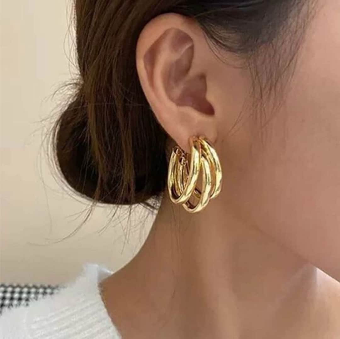 Gold Triple Hoop Earrings L Large Triple Hoops L Multi Layered Hoops L ...