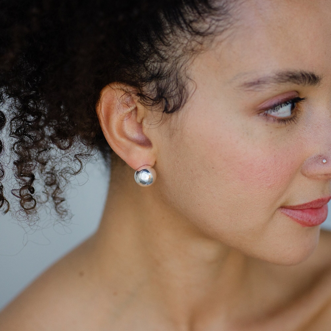 Chunky Silver Ball Stud Earrings, Minimalist Dome Design - Etsy