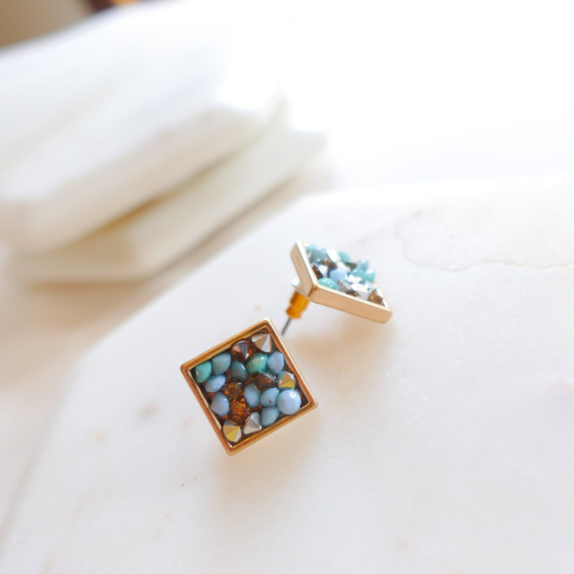 Geometric Square Earrings Blue Green Statement Studs for Women - Etsy