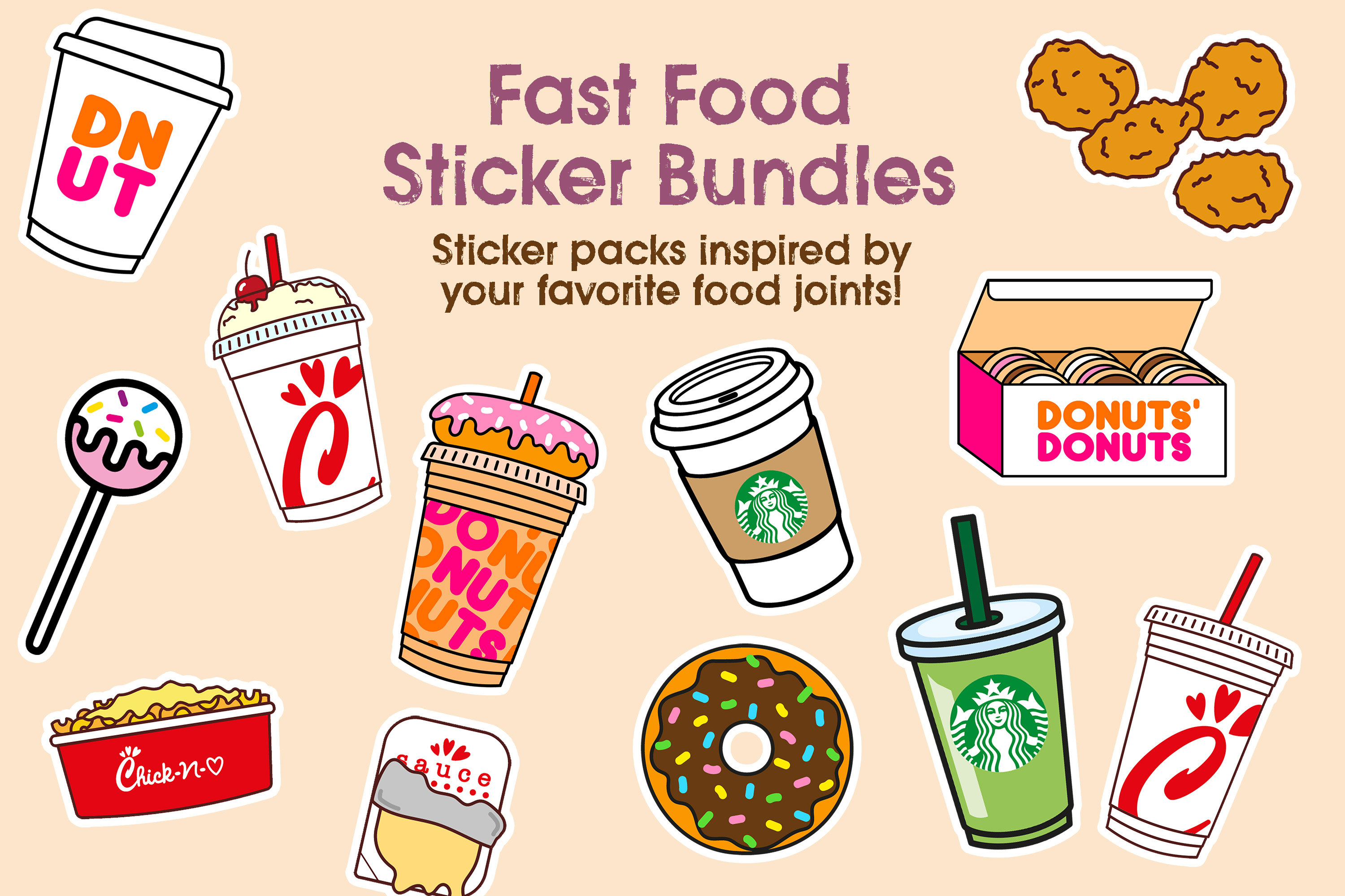 Fast Food Sticker Packs | Coffee, Donuts, Chicken - Etsy