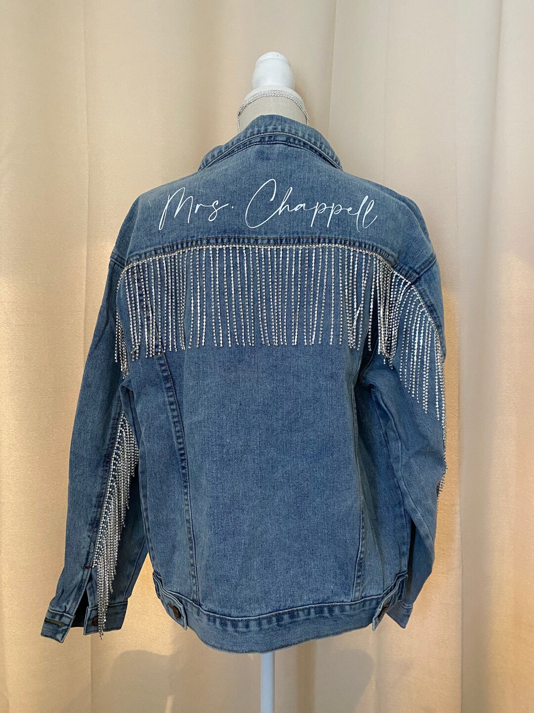 Arm to Arm Rhinestone Fringe Personalized Boyfriend Fit Denim Jacket ...