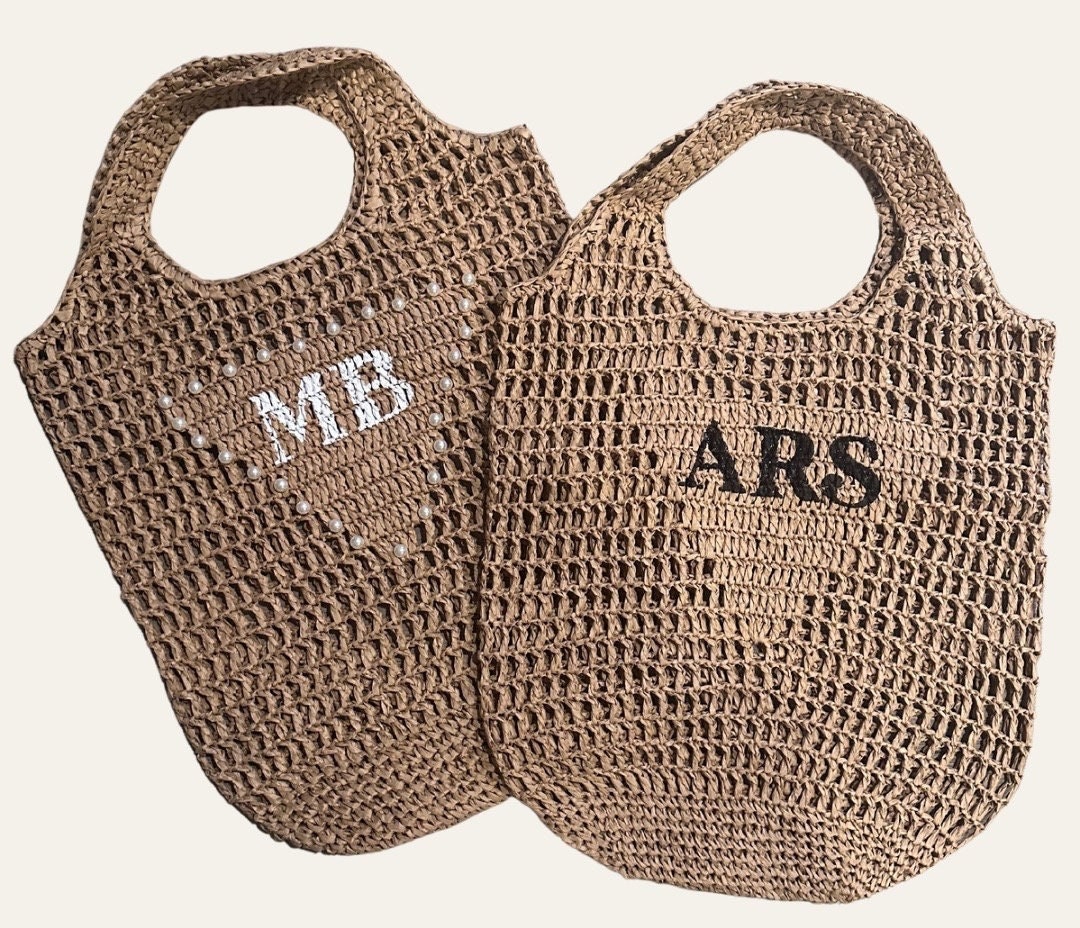 Personalized Raffia Beach Tote Bag | Custom Straw Bag | Custom Initial ...
