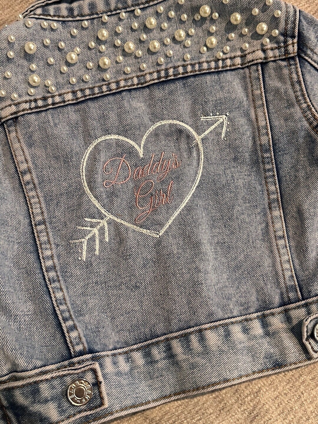 Little Girls Personalized Blue Pearl Denim Jacket | Embroidered ...