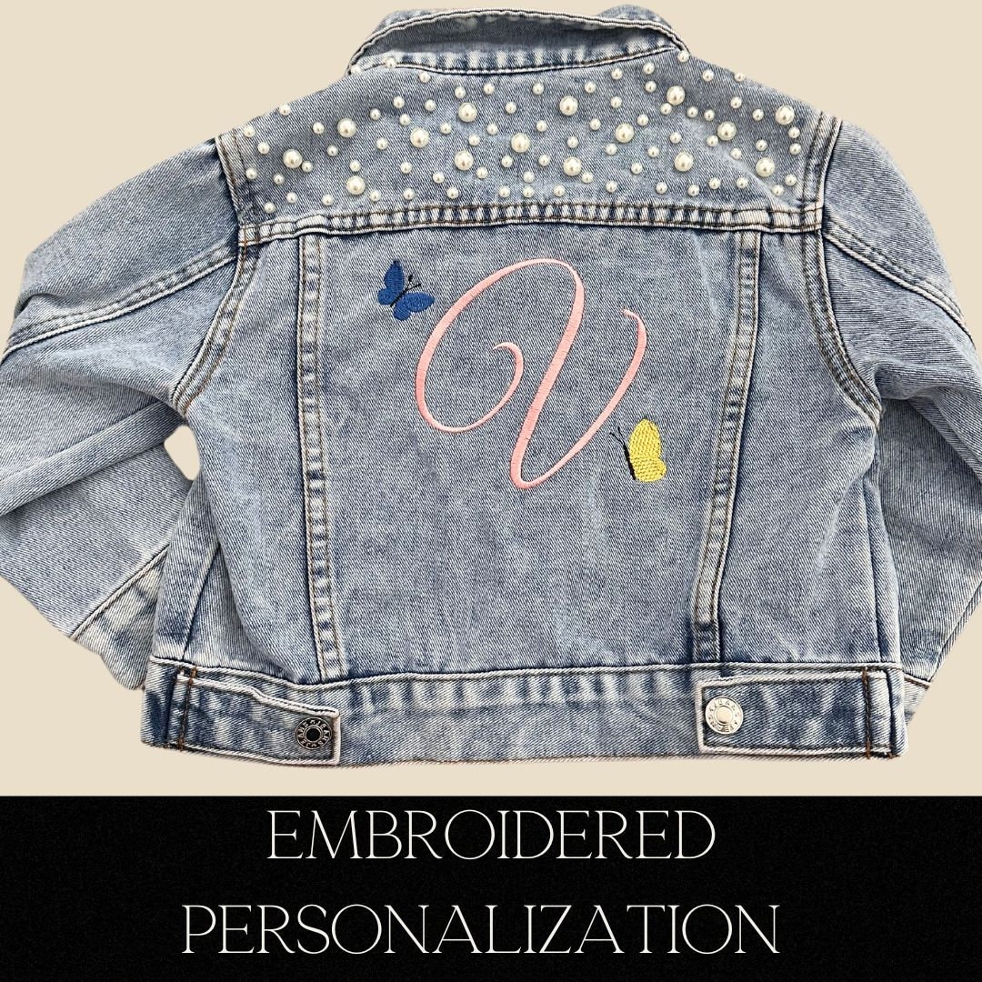 Little Girls Personalized Blue Pearl Denim Jacket | Embroidered ...