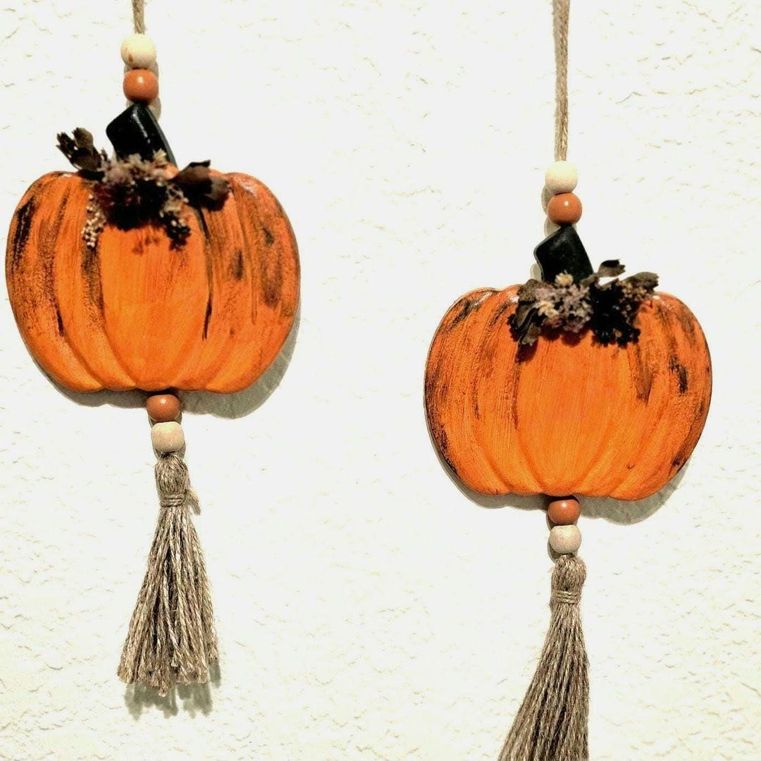 Fall Pumpkin Wall Hanging Set, Rustic Hand Painted Pumpkins With Dried ...