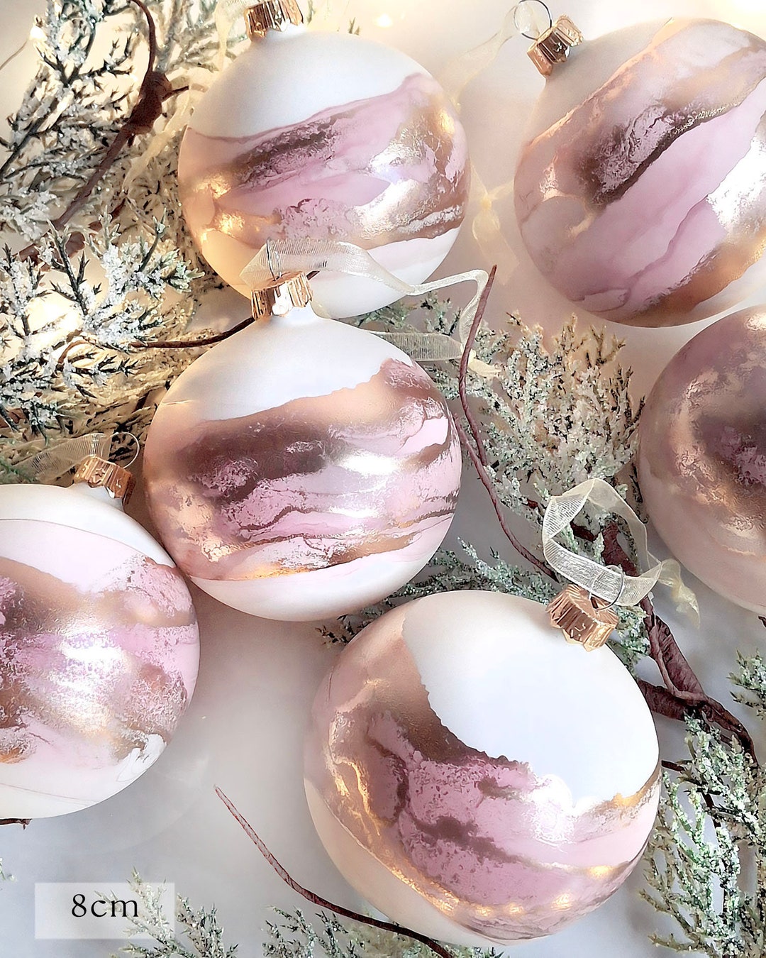 Handpainted Glass Baubles in Pale Pink & Gold - 4 Sizes Available ...