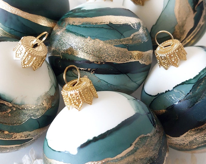 Handpainted Glass Baubles in Forest Green & Gold - Sold as SINGLE or ...
