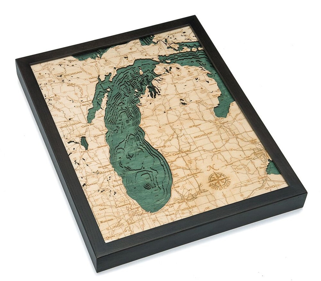Lake Michigan Wood Carved Map, Small Dark Frame - Etsy