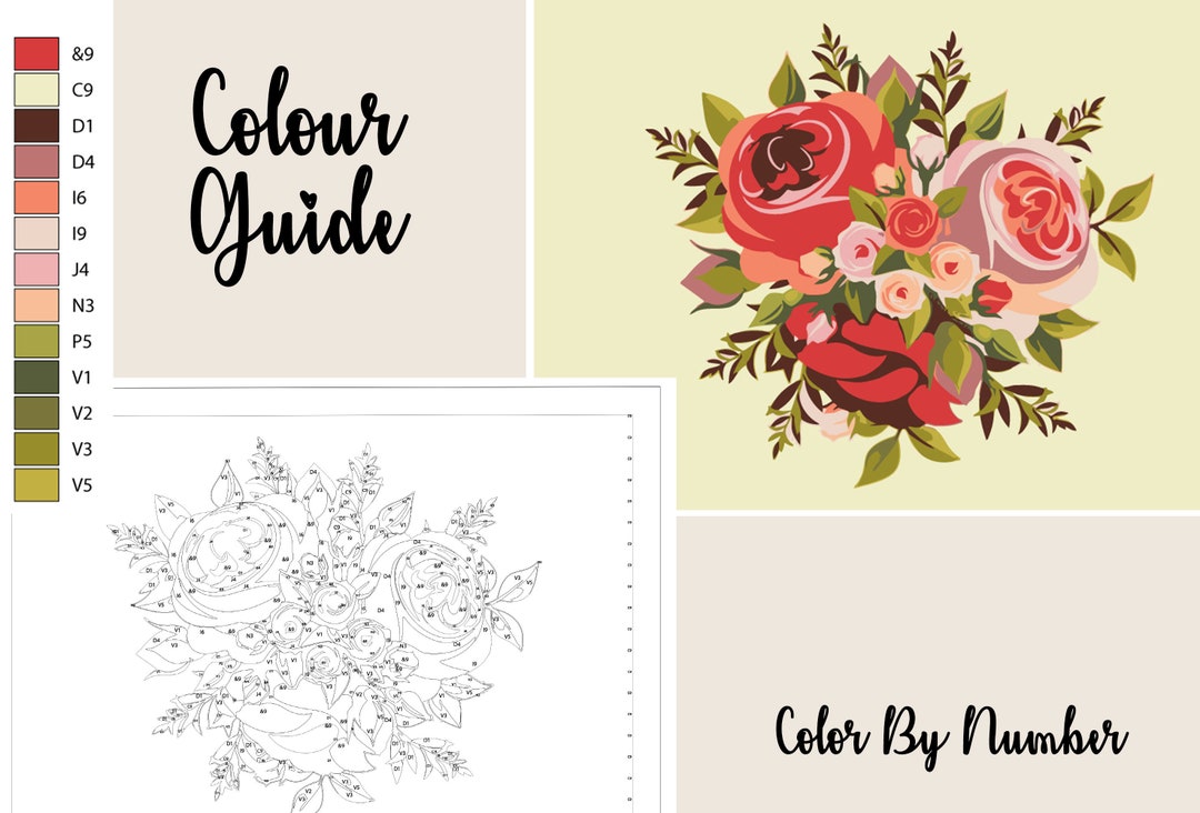 Roses Art Color by Number Kit Peonies Printable Color by Number Flowers ...